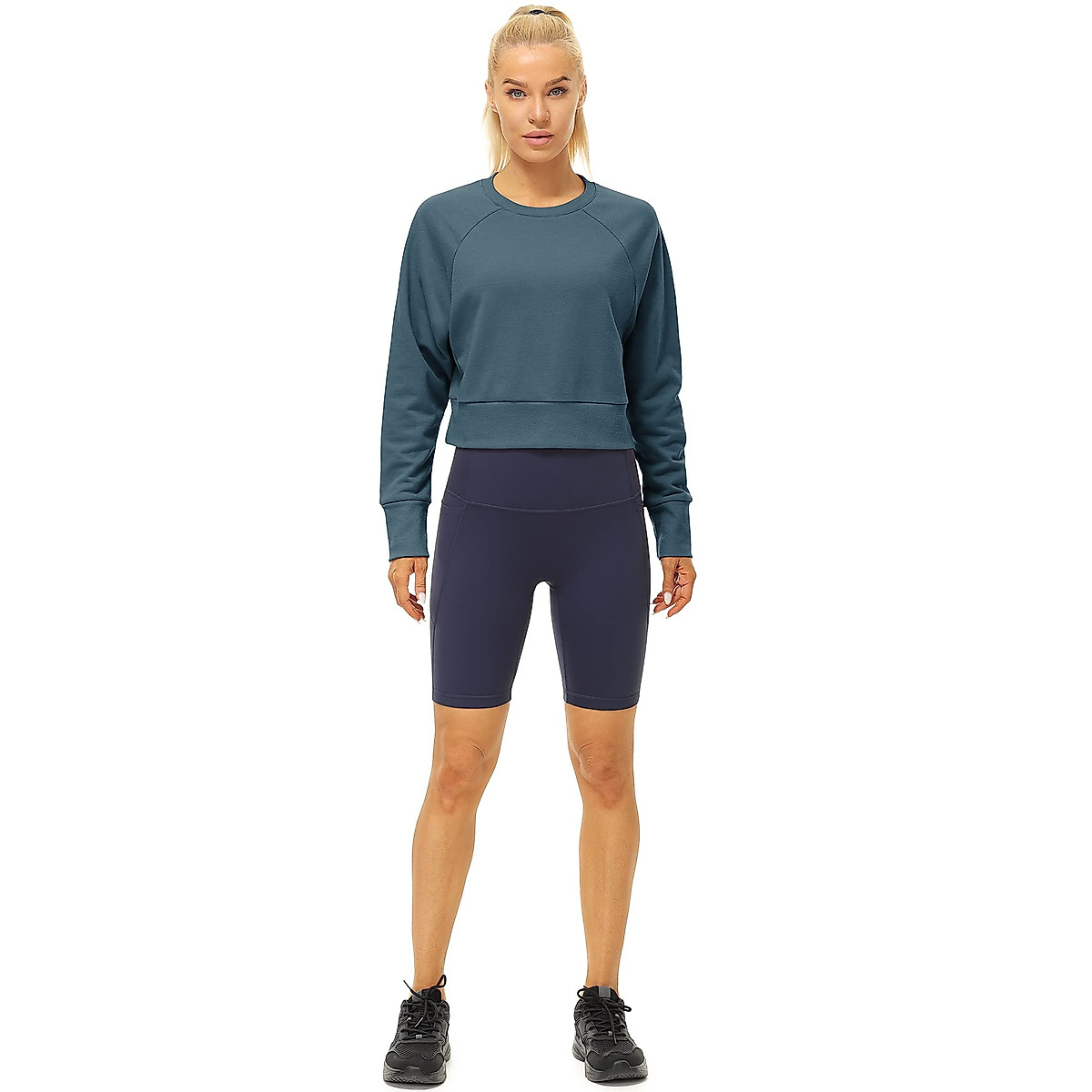 icyzone Cropped Crewneck Sweatshirt for Women, Casual Long Sleeve Pullover Tops for Spring Fall Winter (Medium, Dusty Blue)