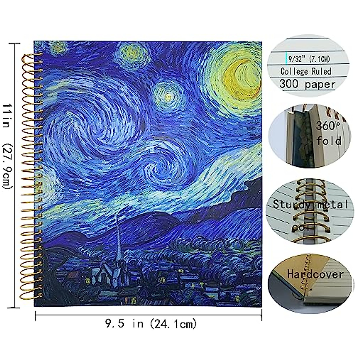 Van Gogh Notebook Large Spiral Notebook College Ruled 11" x 9.5" and 300 Pages，Durable Hardcover Spiral Notebook College Spiral Aesthetic Journal Notebook
