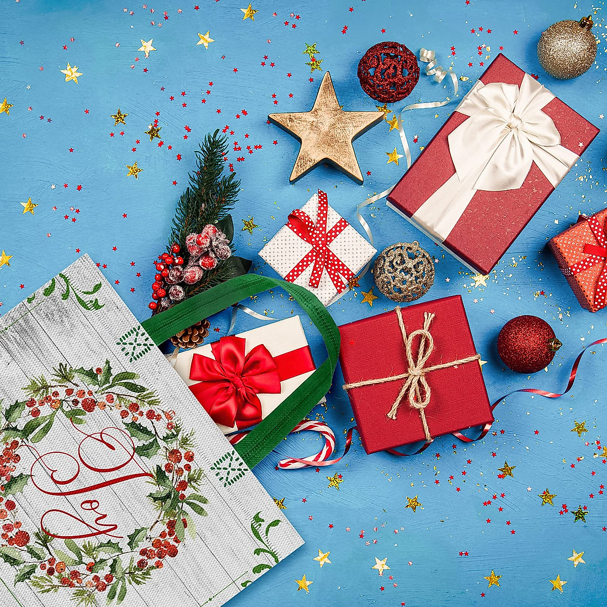 Whaline 16 Pack Christmas Non-Woven Bags Rustic Wood Grain Truck Tree Pattern Reusable Tote Gift Bag Merry Christmas Shopping Totes with Handles for Xmas Holiday Party Favor Supplies, 4 Designs