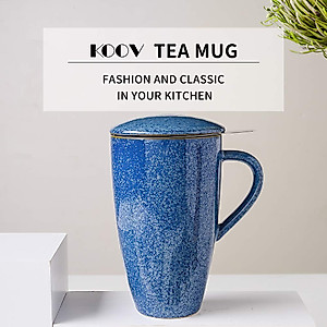 KOOV Porcelain Hot Tea Cup with Infuser and Lid, 18 OZ Tea Mug with Lid, Tea Infuser Mug, Tea Steeper for Loose Tea Mug, Steeping Tea Cup (Reactive Blue)