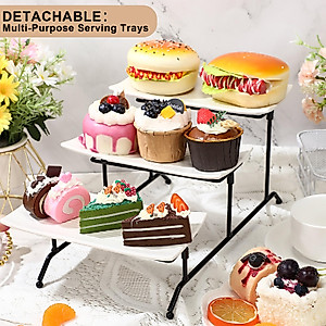 Tanlade 2 Pcs Tiered Serving Stand 3 Tier Serving Tray with 3 Porcelain Serving Platters Ceramic Tiered Serving Trays Platters with Detachable Metal Rack Dessert Table Display Set Stable for Party