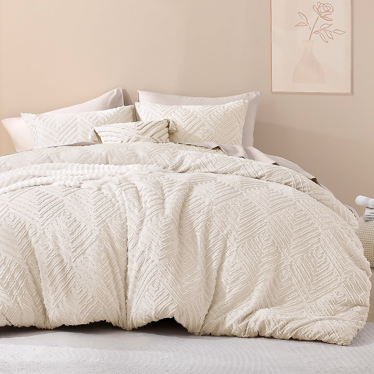 Litanika California King Comforter Set Beige, 3 Pieces Cream Tufted Boho Farmhouse Bedding Comforter Sets, Lightweight Fluffy Comforter Bed Set for All Season (104x96In Comforter and 2 Pillowcases)