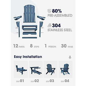 KINGYES Chair with Cup Holder, Wood-Like Reclining Versatile Adirondack Chair, Blue