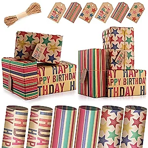 Abeillo Birthday Wrapping Paper 6 Sheets Kraft Wrapping Paper with Gift Tags Cotton Thread Tape, Happy Birthday, Star, Rainbow Wrapping Paper Set for Kids Girls Boys Women Men All Gift Wrap, 20 x 28inch