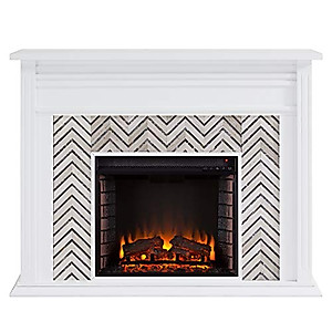 SEI Furniture Hebbington Carrara Marble Tiled Electric Fireplace, White-Gray
