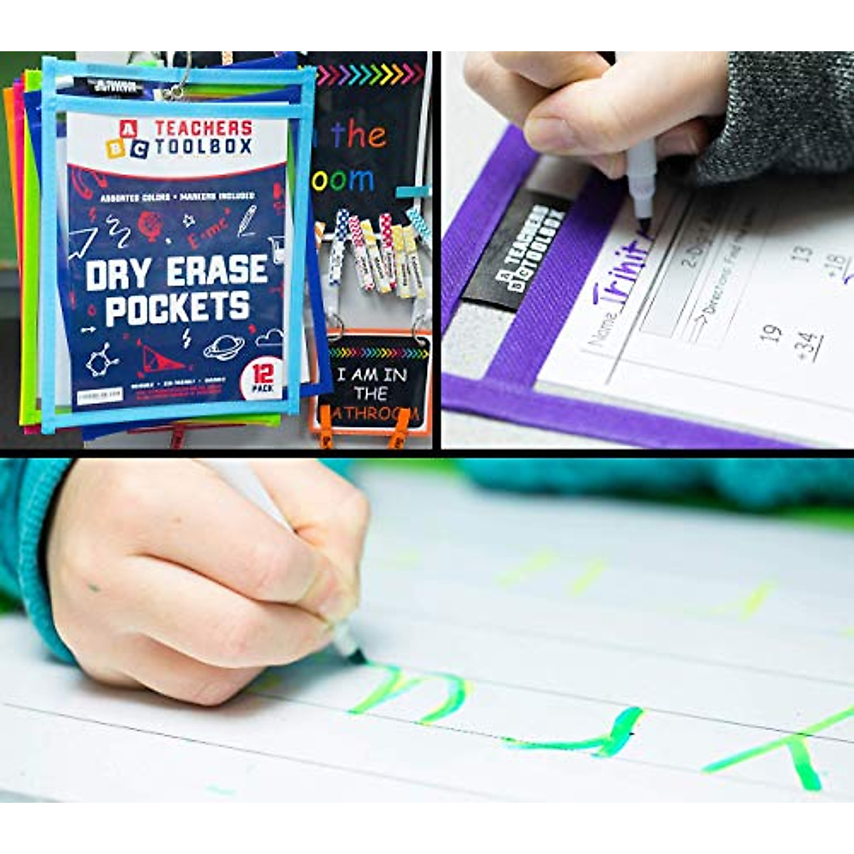 Dry Erase Pockets 12pc [10” x 13”] +Free PENS +Bonus 900 Downloadable Worksheets! Write and Wipe Reusable Plastic Sheet Protectors for Classroom Organization & Teaching Supplies by Teachers Toolbox