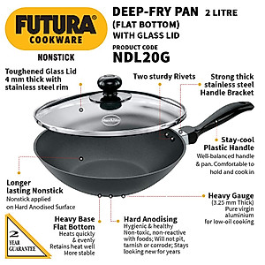 FUTURA NDL20G Non-Stick Deep-Fry Pan(Kadhai) 2.0 Litre with Glass Lid and Flat Bottom, 10.23 IN, Gray