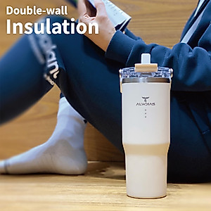 ALWDIAS Samsta Stainless Steel Tumbler with Handle and Straw | Leakproof Vacuum Insulated Water Bottle | Keep Cold 24H | Cup Holder Friendly Double Walled Travel Mug | 20 oz, White Cream
