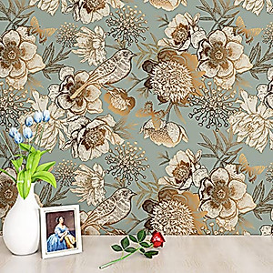 ReWallpaper Vintage Gold Floral Wallpaper Garden Bird Flower Peel and Stick Wallpaper for Bedroom Accent Wall 17.5in X 10ft Dark Cyan Teal Contact Paper for Cabinets Peel & Stick Vinyl Wall Paper