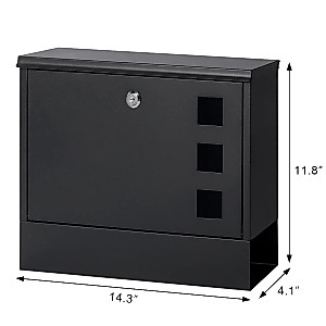 Kasten Wall-Mount Mailbox for Outside, Large Capacity Metal Mailbox with Newspaper Compartment, 14.3 x 4.1 x 11.8 Inch, Black
