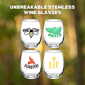 Shatterproof Stemless Wine Glasses with Punny Sayings, Buzzed Juiced Lit Toasted, Cute Glass for Girls Night, Set of 4