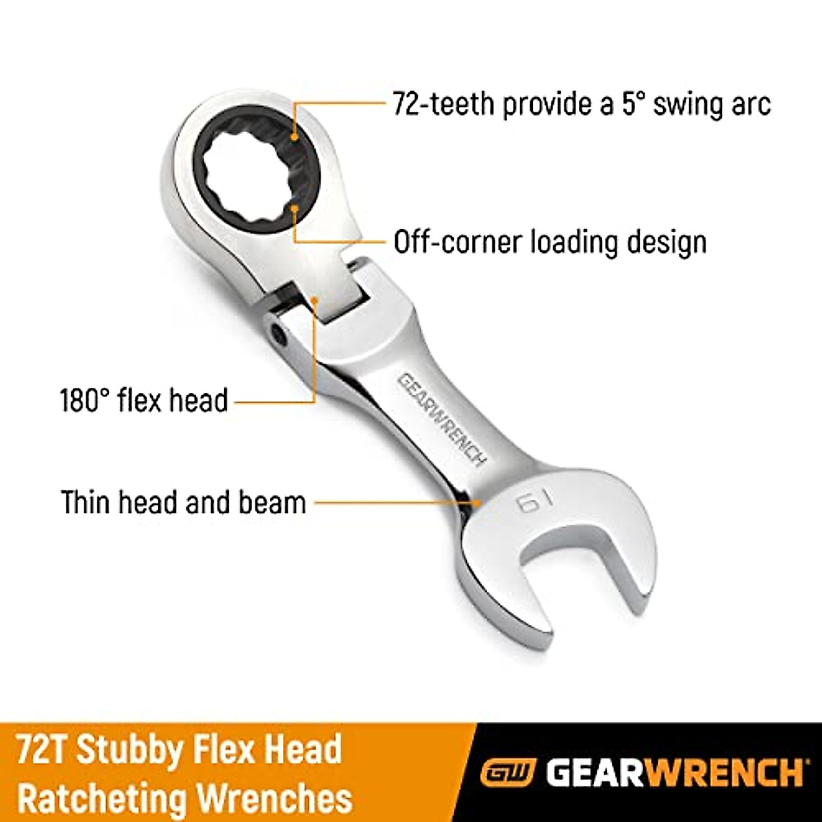 GEARWRENCH 10 Pc. 12 Pt. Stubby Flex Head Ratcheting Combination Wrench Set, Metric - 9550