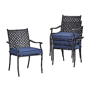 LOKATSE HOME 4 Piece Outdoor Patio Metal Wrought Iron Dining Chair Set with Arms and Seat Cushions - Blue