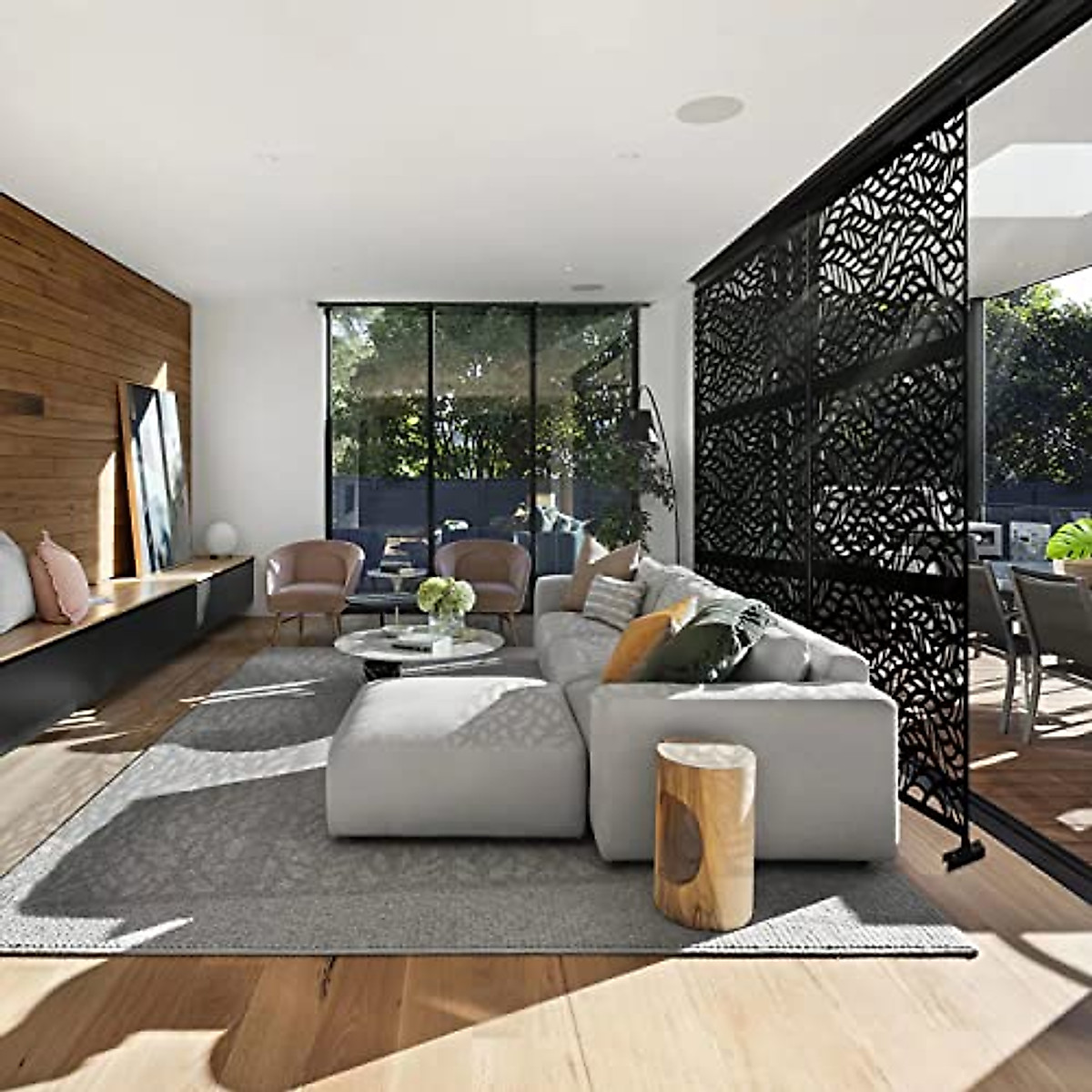 Outdoor Privacy Screen, Decorative Privacy Screen with Stand 6FT Metal Divider for Outdoor Garden Backyard Patio Free Standing, Black (Leaf)