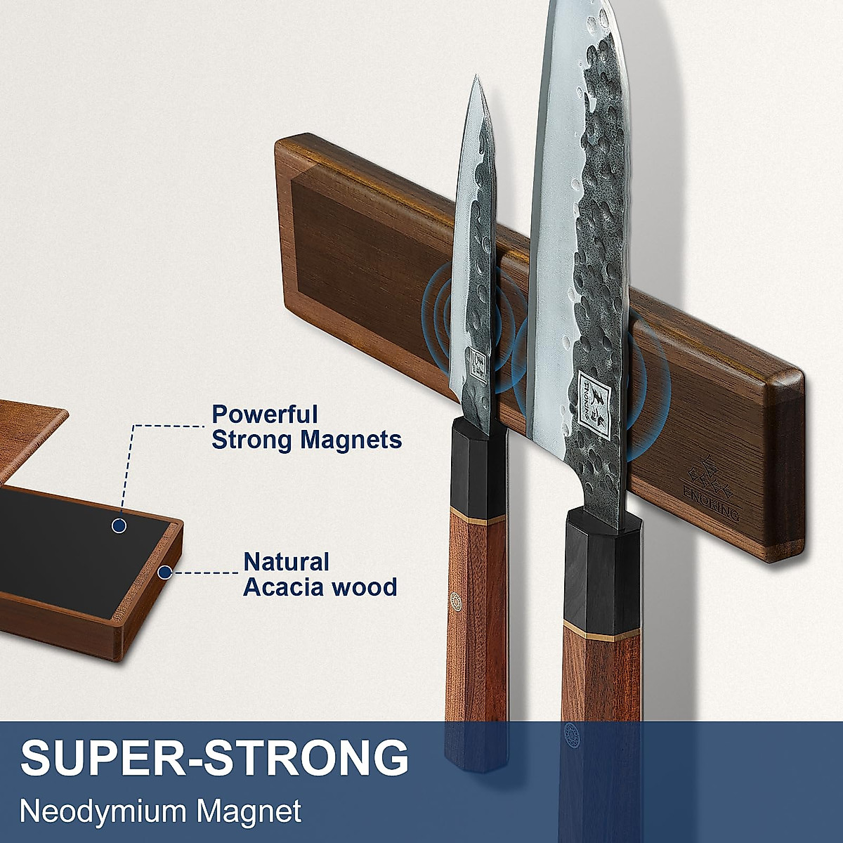 ENOKING Magnetic Knife Holder for Wall, 10 Inch Powerful Magnetic Knife Holder for Refrigerator, Knife Magnetic Strip No Drilling Acacia Wood Wall Knife Holder Magnet Magnetic Knife Bar with 2 Hooks