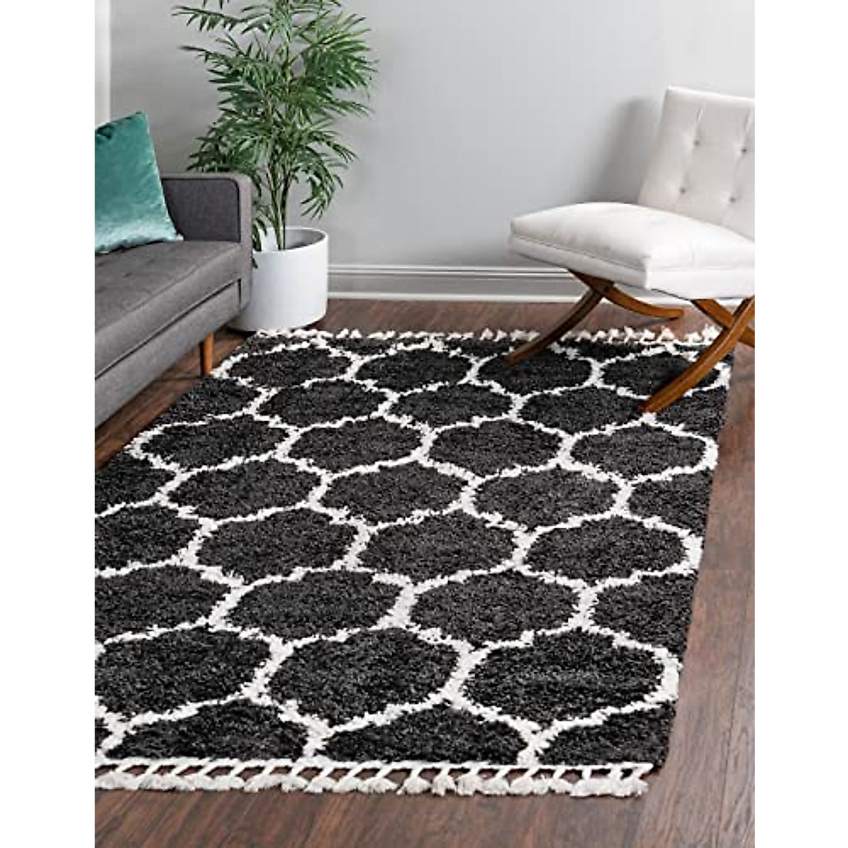 Unique Loom Hygge Shag Collection Area Rug - Trellis (9' x 12' Rectangle, Black and White)