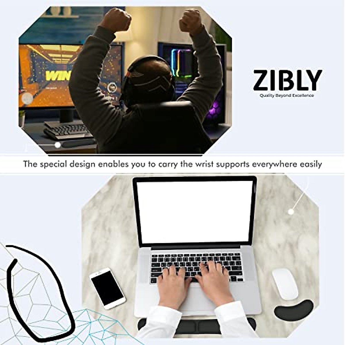 ZIBLY Gel Memory Foam Wrist Rest Keyboard and Mouse Set - Ergonomic Anti-Skid Non Slip Cushion Mouse Pad Wrist Support - Easy Typing, Pain Relief for Work from Home Gaming Computer Laptop