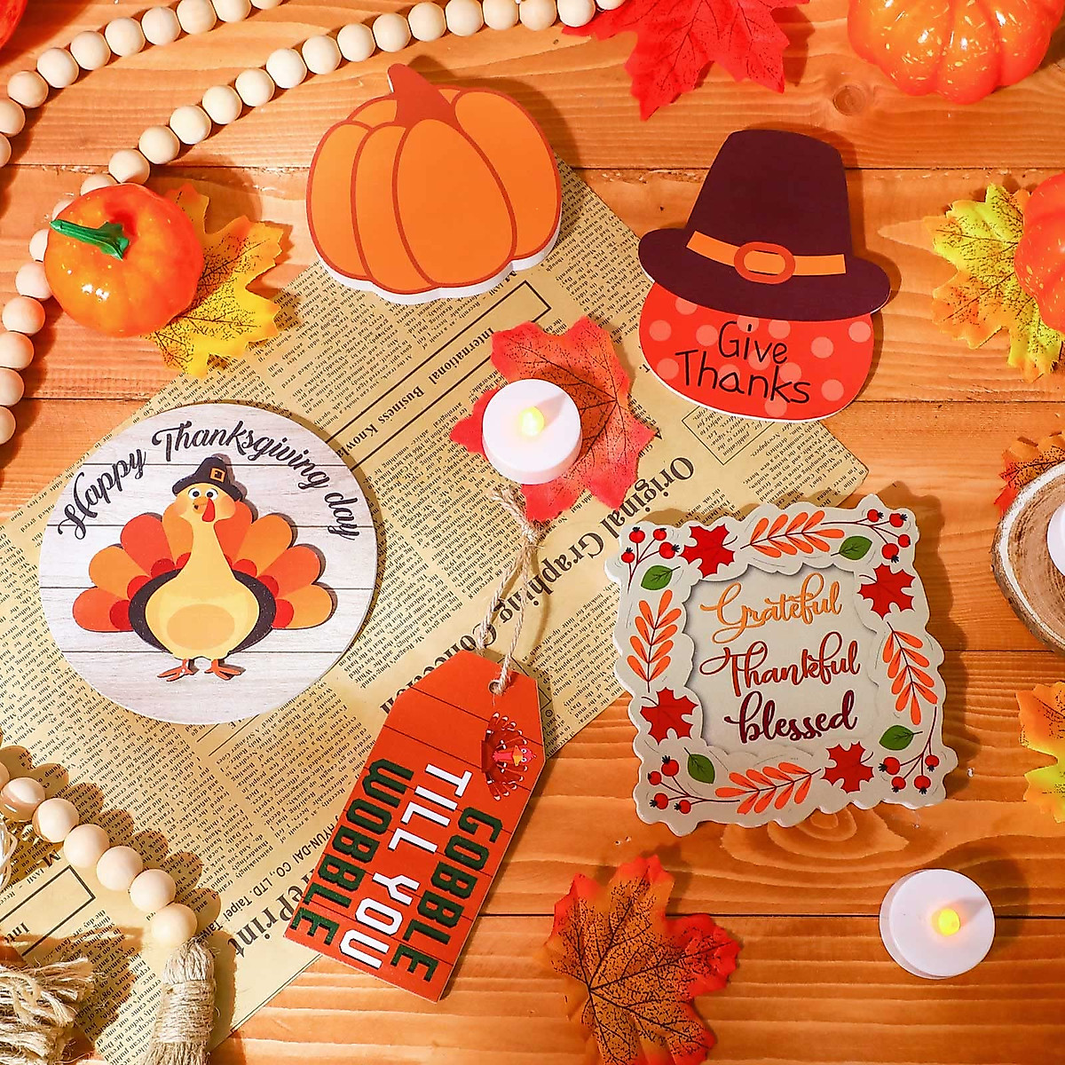 5 Pieces Fall Tiered Tray Decor Thanksgiving Tiered Tray Set Fall Farmhouse Mini Wood Signs Autumn Turkey Pumpkin Sign Decorations for Thanksgiving Harvest Decoration