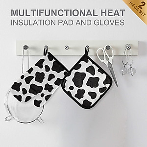 Oven Mitts and Pot Holders Set High Insulated Oven Gloves with Heat Insulation Pad Cow Print Soft Cotton Lining and Non-Slip Surface Kitchen Mitten for Safe BBQ Cooking Baking