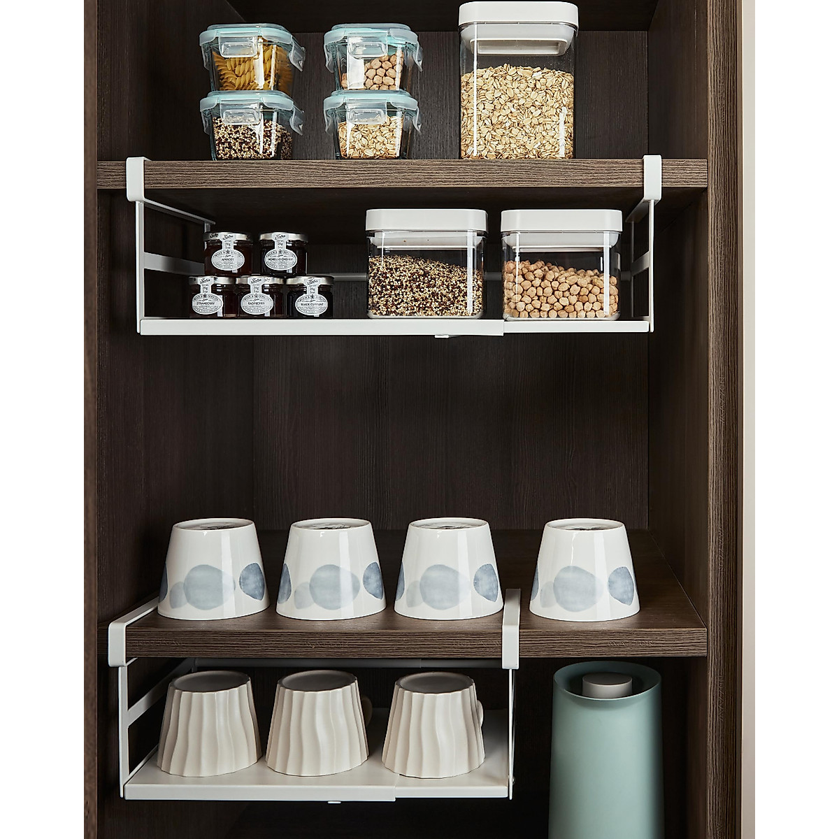 Selosiz Under Shelf Storage Basket Expandable Organizer, 2 Pack Hanging Baskets Under Cabinet Shelf, Add-on Space Saver Pantry Kitchen Cupboard Desk Counter Bookshelf, Heavy-Duty Slide-in White