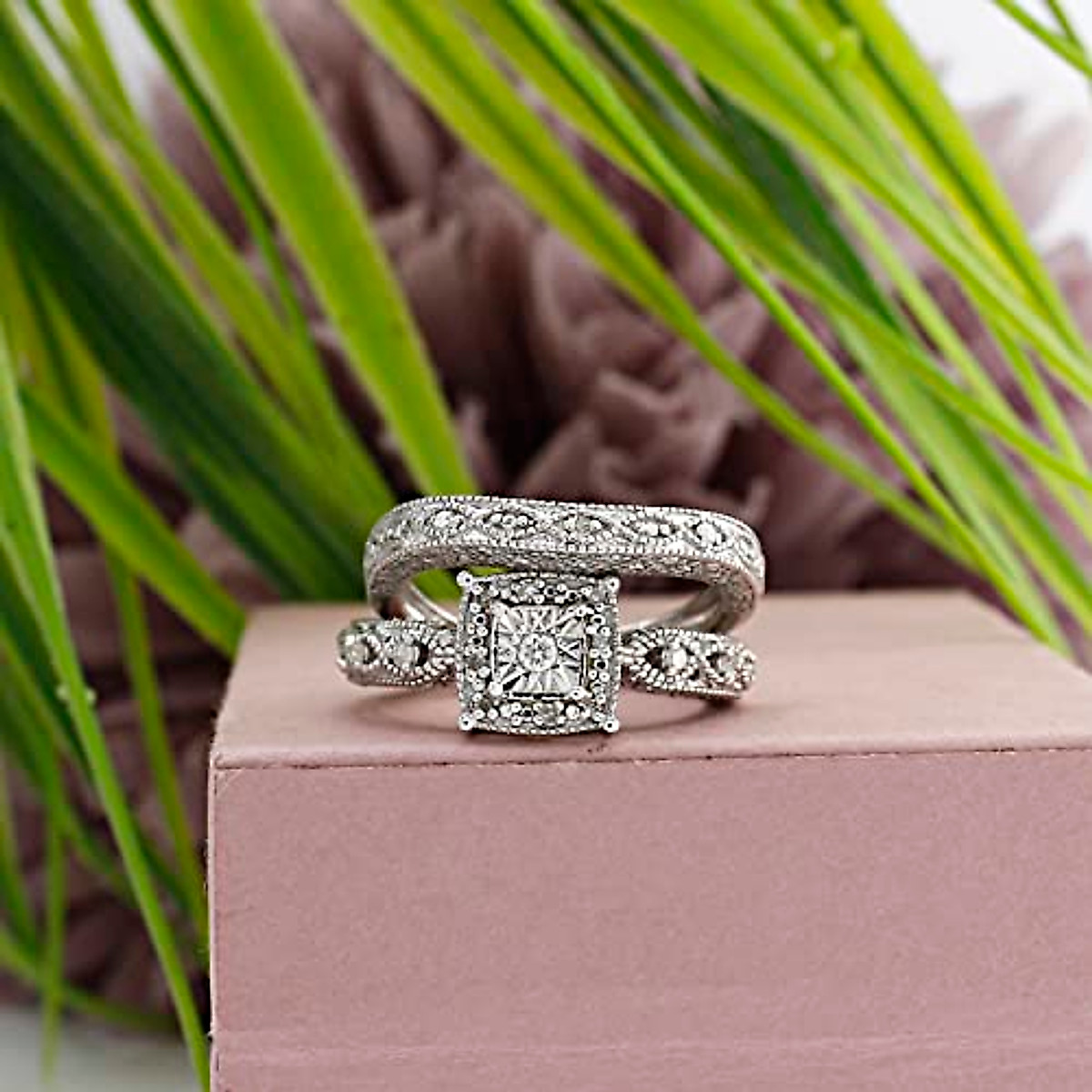 Wishrocks 1/5 Carat Round Cut White Natural Diamond Cascading Engagement Bridal Ring Set Jewelry For Women In 14K White Gold Over Sterling Silver (0.20 Cttw, Color- I-J, Clarity- I2-I3) Ring Size-9.5