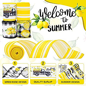 AnyDesign Lemon Wired Edge Ribbon 24 Yards Summer Yellow Lemons Truck Craft Ribbon Buffalo Plaids Farmhouse Fabric Ribbon for Wreath Bow Making DIY Crafts Wrapping Supplies, 4 Roll