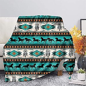 CLOHOMIN Dream Catcher Horse Breathable Soft Throw Blanket Aztec Native American Couch Blnket Navajo in Green Indian Tribal Print Bed Blanket Machine Washable Bed Couch Cover