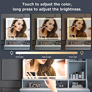 Dripex Makeup Vanity Desk with Mirror and Lights Bedroom Dressing Table, Makeup Table with Drawer, Cabinet, Adjustable LED Lights -White