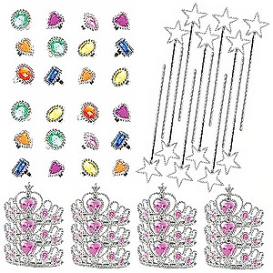 Neliblu Princess Pretend Play Dress Up Set - 12 Tiaras, 12 Wands, 24 Rings, Costume Jewelry, Accessories for Girls Dress Up Party, Ages 3-5
