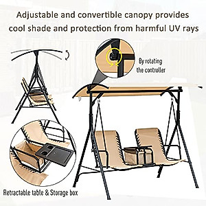 GXP Steel Outdoor Porch Swing Chair Patio Bench w/Storage Canopy, 2 Person Beige