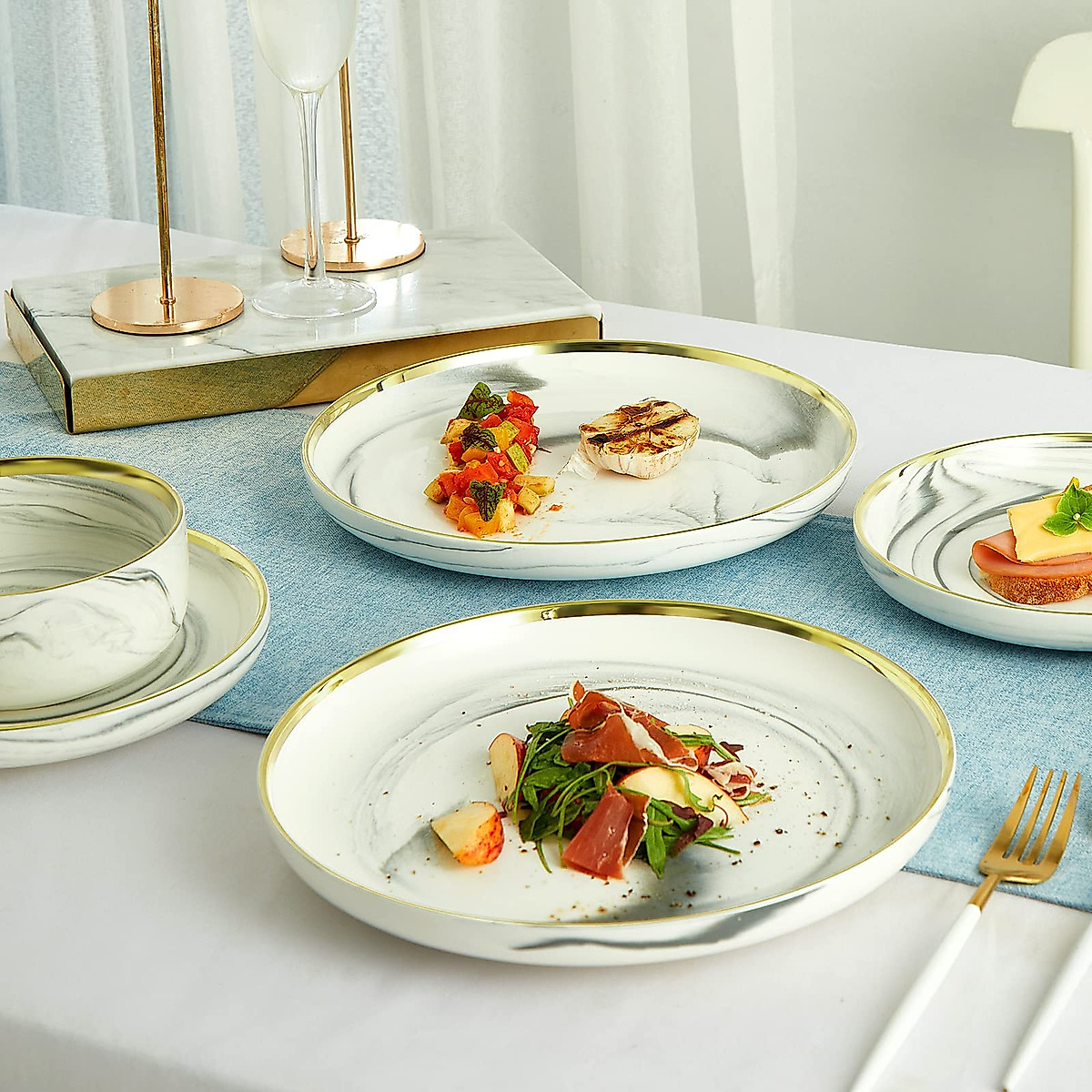 Pokini Dinnerware Sets, Marble Gold Line Plates and Bowls Sets Stoneware Dishes Set For 4, 12 Piece White Grey Marble Porcelain Round Dinner Dish Sets