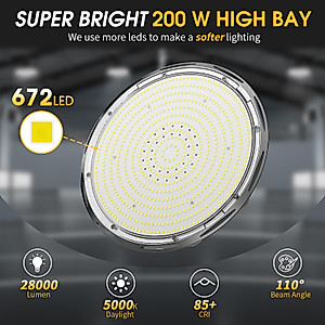 Elaruslux 200W 4 Pack UFO LED High Bay Light with Diffuser 28,000lm 5000K LED High Bay Lights AC110-277V 5' Cable with Plug Waterproof UFO Lights for Garage Shop Gym Factory