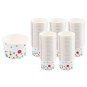 GSM Brands Paper Ice Cream Cups (Polka Dots Design) - 100-Count - 8 oz Disposable Dessert Bowls for Hot or Cold Food, 8-Ounce Party Supplies Treat Cups for Sundae, Frozen Yogurt, Soup, White