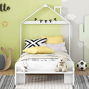 Twin Bed Frames with Headboard and Footboard Bench, Twin Bed Frame with House Shaped Headboard and Chimney, Twin Bed Frames for Kids, Girls Boys, No Box Spring Needed(White)