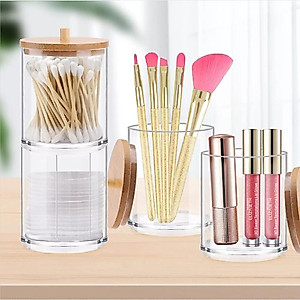 Qtip Holder Dispenser with Cotton Pads Jar Set Bamboo Lid Stackable Bathroom Counter Acrylic Organizer to Storage Cotton Ball Cotton Swab and Bath Salts