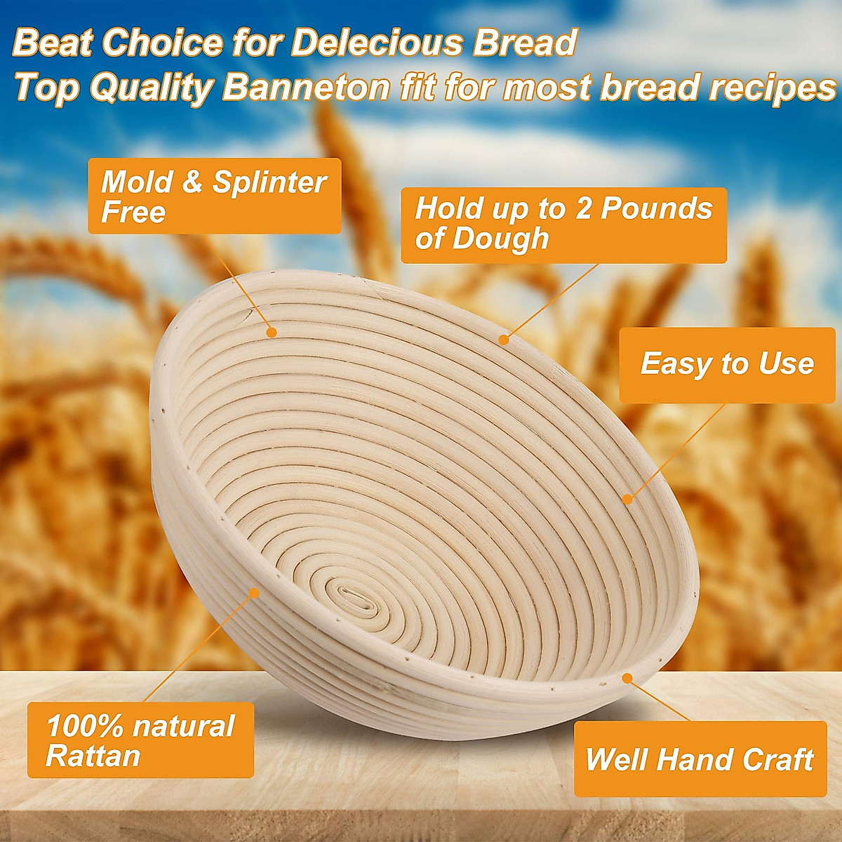 Round Bread Proofing Basket Set of 2, 8" and 9" Natural Rattan Banneton Round Sourdough Baking Bowls with Multi Baking Tools for Professional and Home Bakers