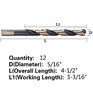 12 PCS 5/16" HSS Black and Gold Coated Twist Drill Bits, Metal Drill, Ideal for Drilling on mild Steel, Copper, Aluminum, Zinc Alloy etc. Pack in Plastic Bag