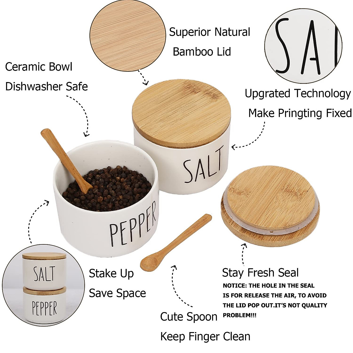 VICUKIE Farmhouse Salt And Pepper Bowls,Stacked Ceramic Salt Cellar With Bamboo Lid, Salt Container With Lid And Spoon, Modern Farmhouse Kitchen Decor, Salt Box, Spice Box (WHITE AND WHITE)
