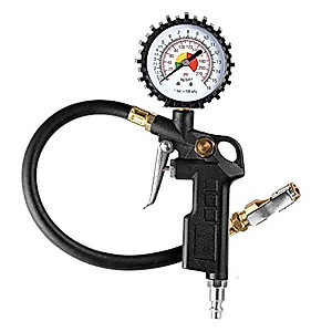 CZC AUTO Tire Inflator Deflator Air Pressure Gauge with Rubber Hose, 2-1/2" Dial Wheel Inflator Gage with Straight Brass Lock-on Chuck Compatible with Air Pump Compressor for RV Car Motorcycle Bike