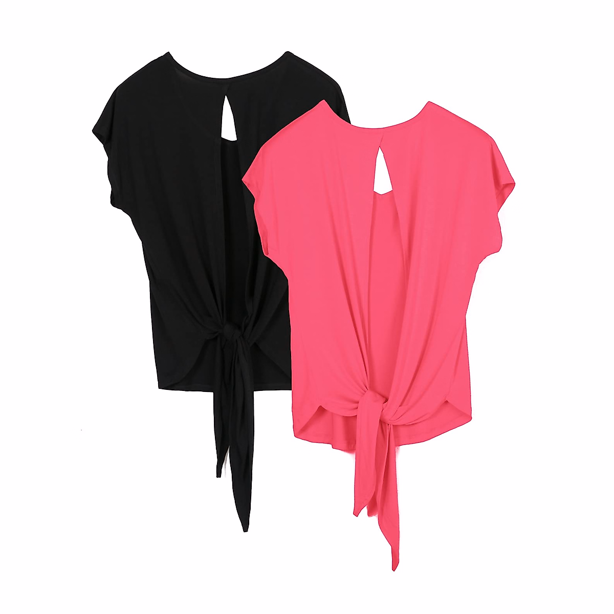 icyzone Open Back Workout Tops for Women - Athletic Activewear T-Shirts Exercise Yoga Shirts (Black/Pink Lychee, S)