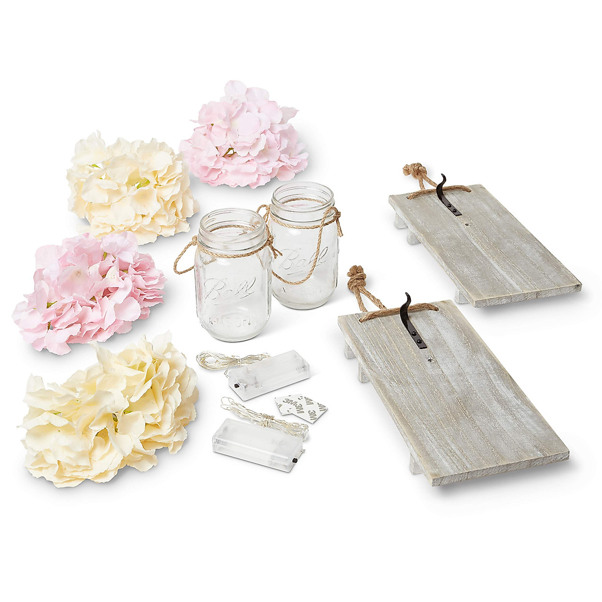 Hanging Mason Jar Wall Decor Sconce with LED Fairy Lights, Rustic Wood with Beautiful Pink and Cream Flowers Included for Home, Kitchen, Bathroom, Bedroom, Farmhouse & Girls Room Decorations