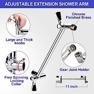 Shower Head, High Pressure Hydrojet Rainfall Shower Head / 6 Spray Settings Handheld Showerhead Combo with 11 inch Extension Arm, Anti-leak Shower Head with Holder, 1.5M Hose, Chrome