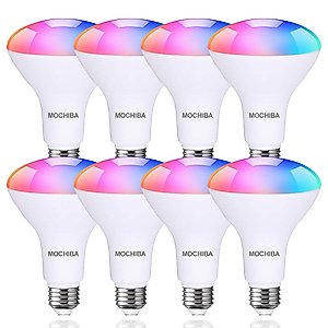 Mochiba Smart WiFi LED Light Bulbs, Compatible with Alexa and Google Home Assistant, Music Sync Multi Color Changing Bulb, BR30 E26 10W 1000LM (80W Equivalent), 8-Pack, White