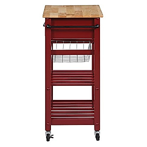 OS Home and Office Furniture Model HMPNW-9 Hampton Kitchen Cart in Red with Solid Rubberwood Top
