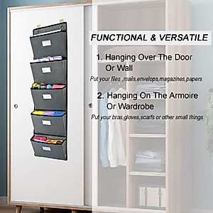 VAKMRVE Over the Door Hanging File Organizer 5 Extra Large Pockets Wall Hanging File Folders Organizer Holders,Home Office Supplies Storage Pocket Chart for Paper Mails Planners Notebooks,Gray