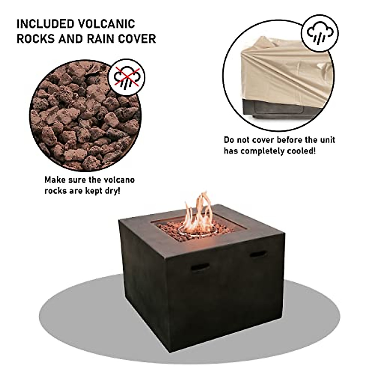 XBrand MgO & Metal 40,000 BTU Outdoor Propane Gas Smokeless Square Fire Pit Table with Volcanic Rocks & Rain Cover, 30 inch Wide, Gray