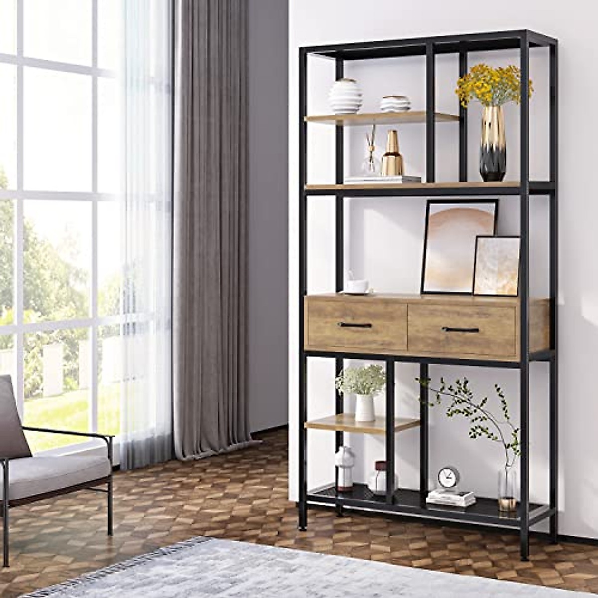 HITHOS Bookshelf, Tall Bookcase with 2 Drawers and Storage Shelves, Industrial Etagere Bookcase Book Shelves for Office, Living Room, Rustic Brown