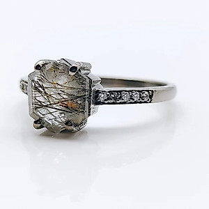 Rings For Women Natural Black Rutilated Quartz Ring, Salt And Pepper Diamond Ring, Hexagon Cut Black Quartz Ring Beautiful Gift Wedding Ring BY FOREVER GEMS & JEWELS, Rose Gold,White,Silver
