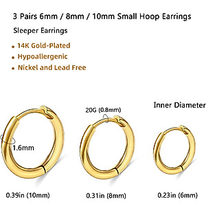 Small Gold Huggie Hoop Earrings,Cartilage Hoops Earrings,Helix Hoops,Tragus Hoop Earrings,6mm/8mm/10mm 14K Gold-Plated Surgical Stainless Steel Hoop Earrings Hypoallergenic for Body Piercing (Gold-3Pairs)