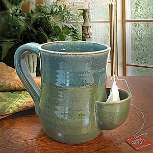 Modern Artisans Tea Mug - Hand-Sculpted Stoneware with Tea Bag Holder, 16 oz, Blue/Green